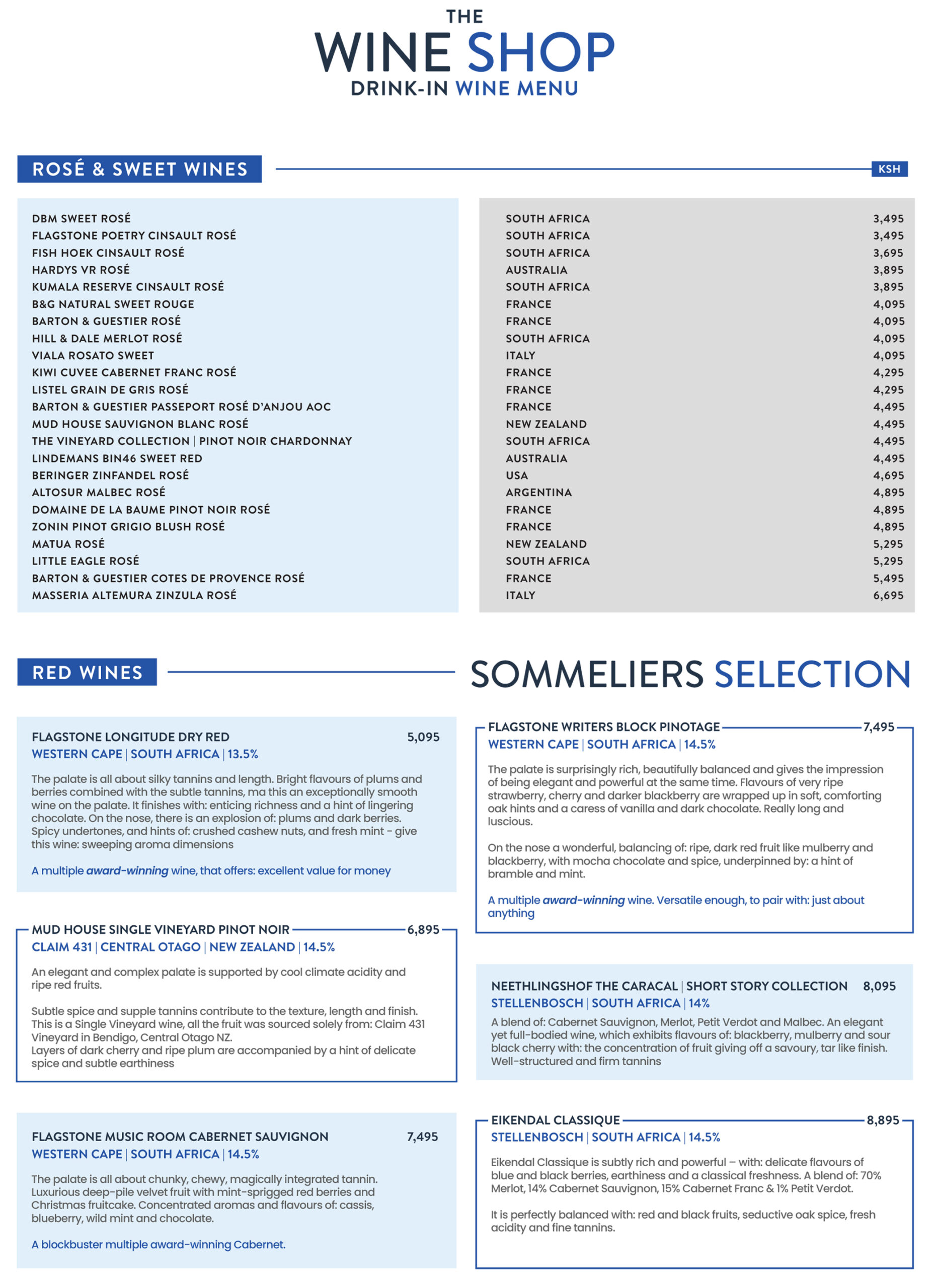 Food & Drink Menu | The Wine Shop Kenya