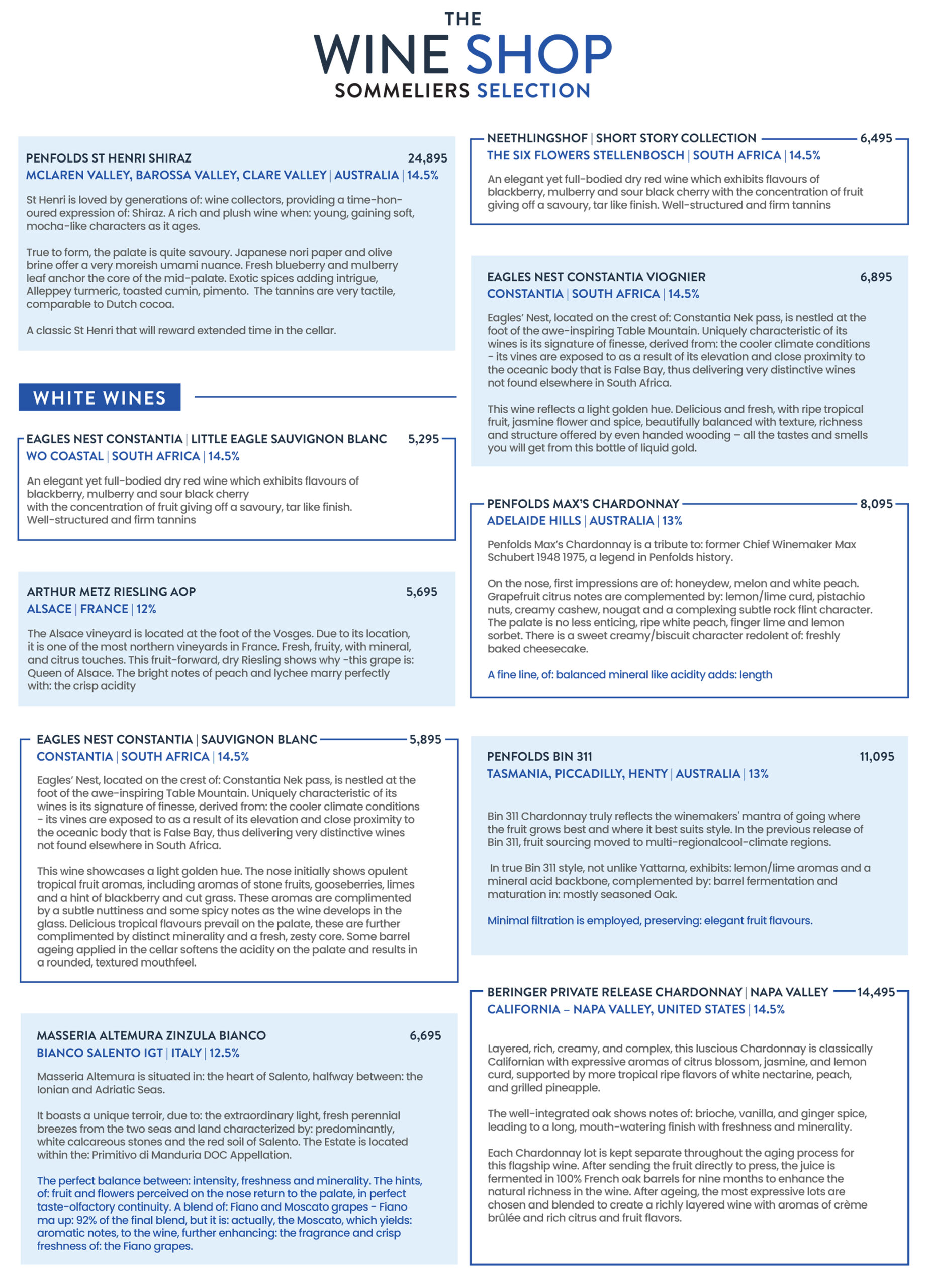 Food & Drink Menu | The Wine Shop Kenya